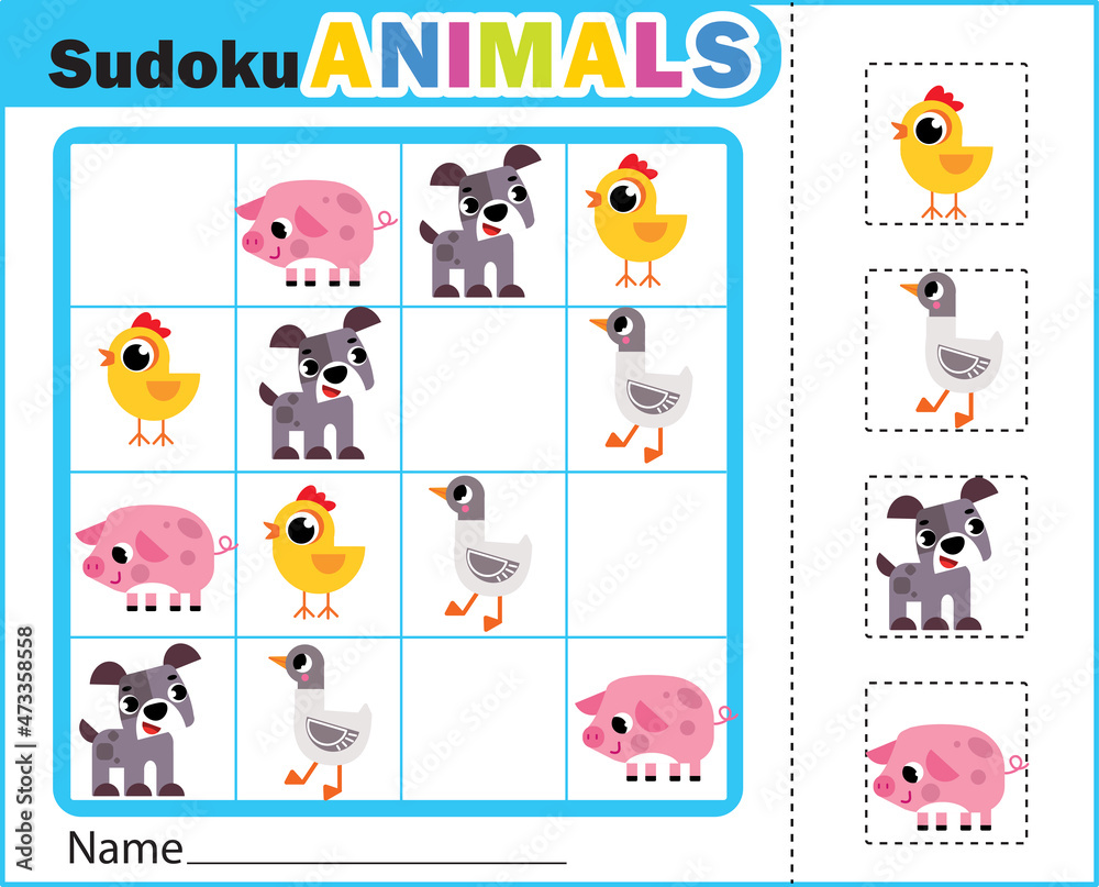 Sudoku game for children with pictures. Kids activity sheet. Cartoon ...