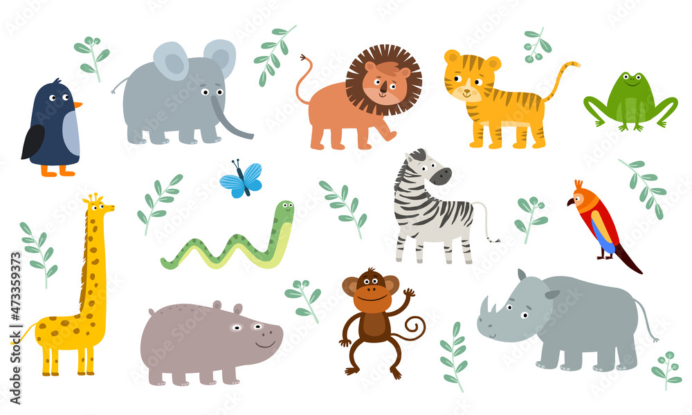 Collection of cute colorful cartoon wild animals isolated on white ...