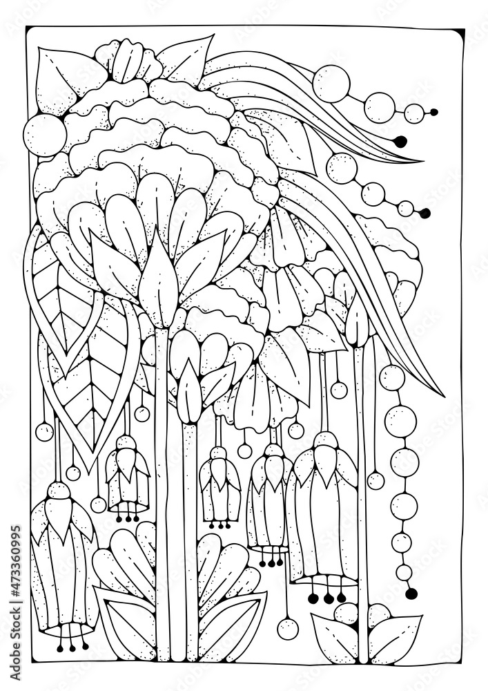 Vector illustration for coloring. A magical flower garden with large ...