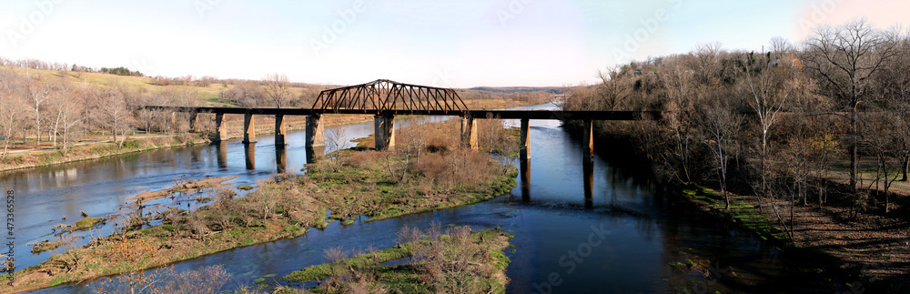Historic iron swing bridge over the White River, near Cotter Arkansas ...
