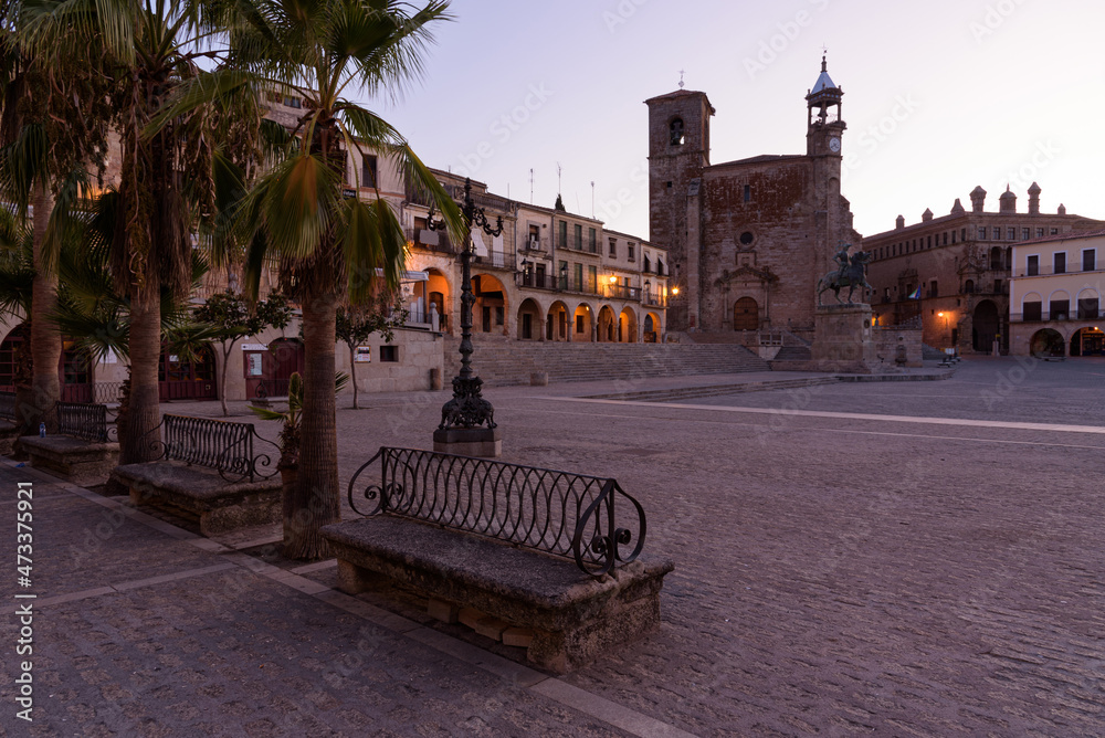 City landscape of the medieval old town of Trujillo with the Church of ...