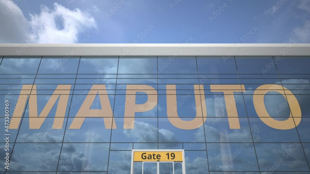 MAPUTO text revealed with landing airplane on airport building Stock ...