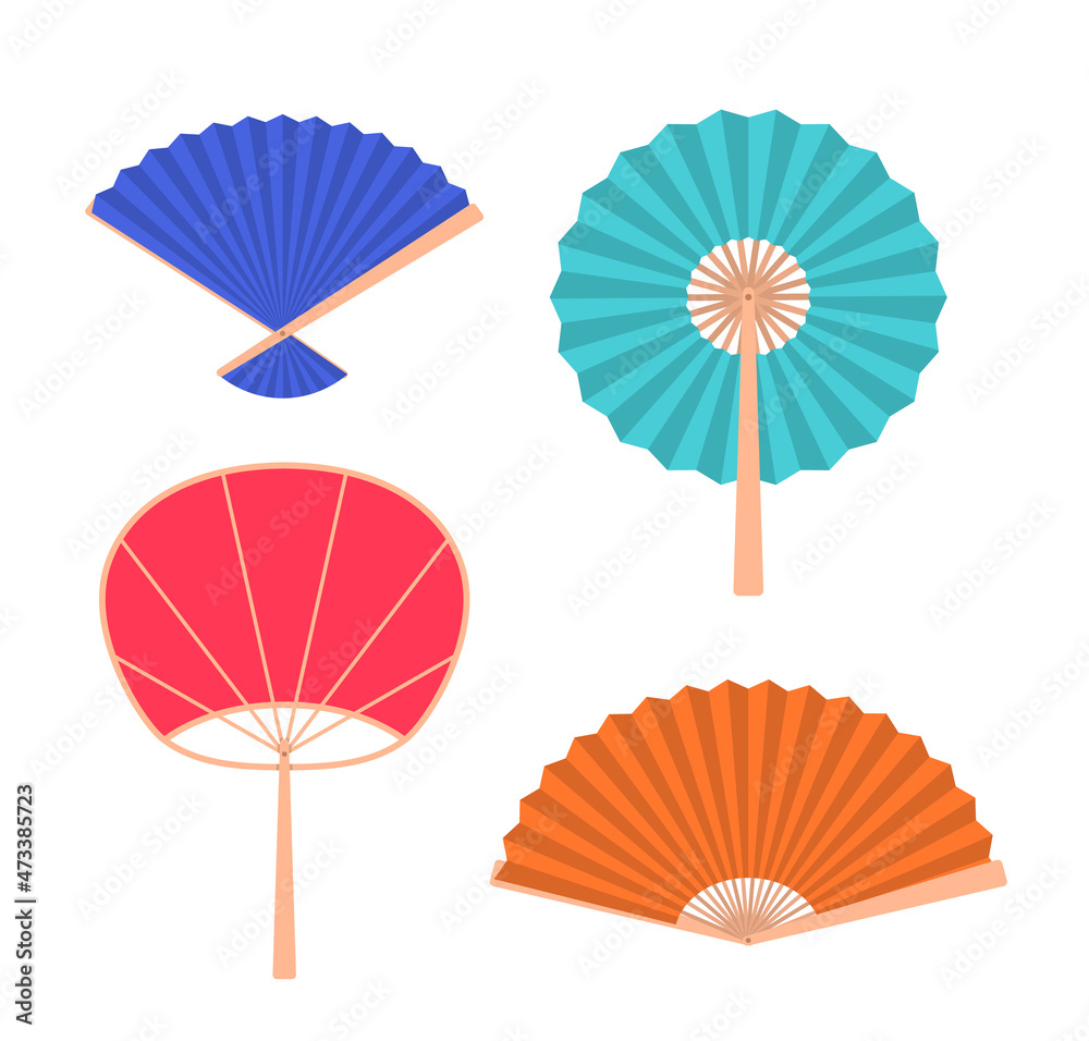 Cartoon Color Folding Chinese Hand Fan Icon Set Oriental Traditional ...