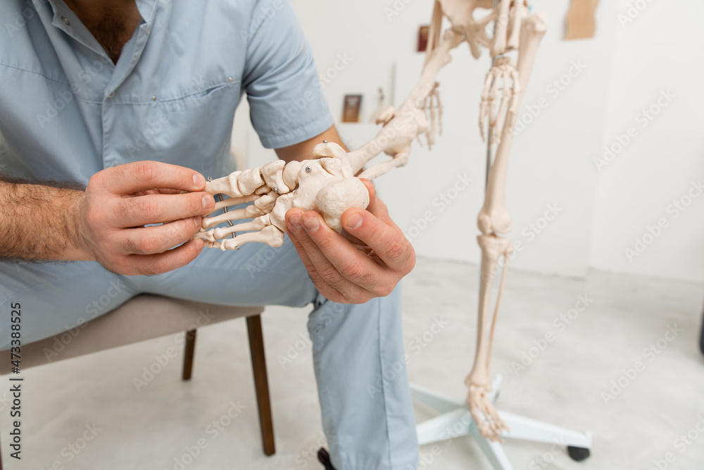 Doctor man pointing on leg of human skeleton anatomical model ...