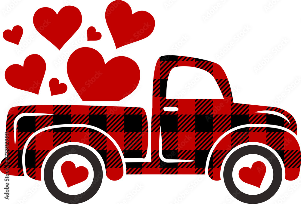 Red buffalo plaid Valentine's day truck with hearts Svg cut file ...
