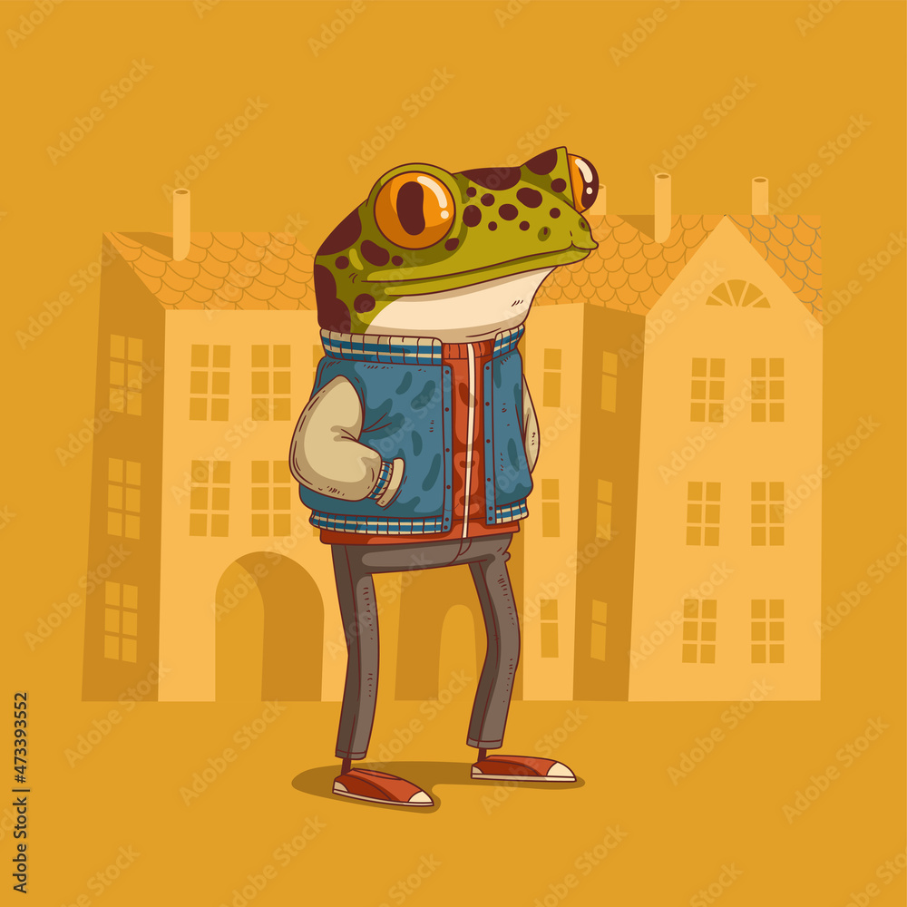 Cartoon vector illustration of humanized hipster frog. A frog wearing ...