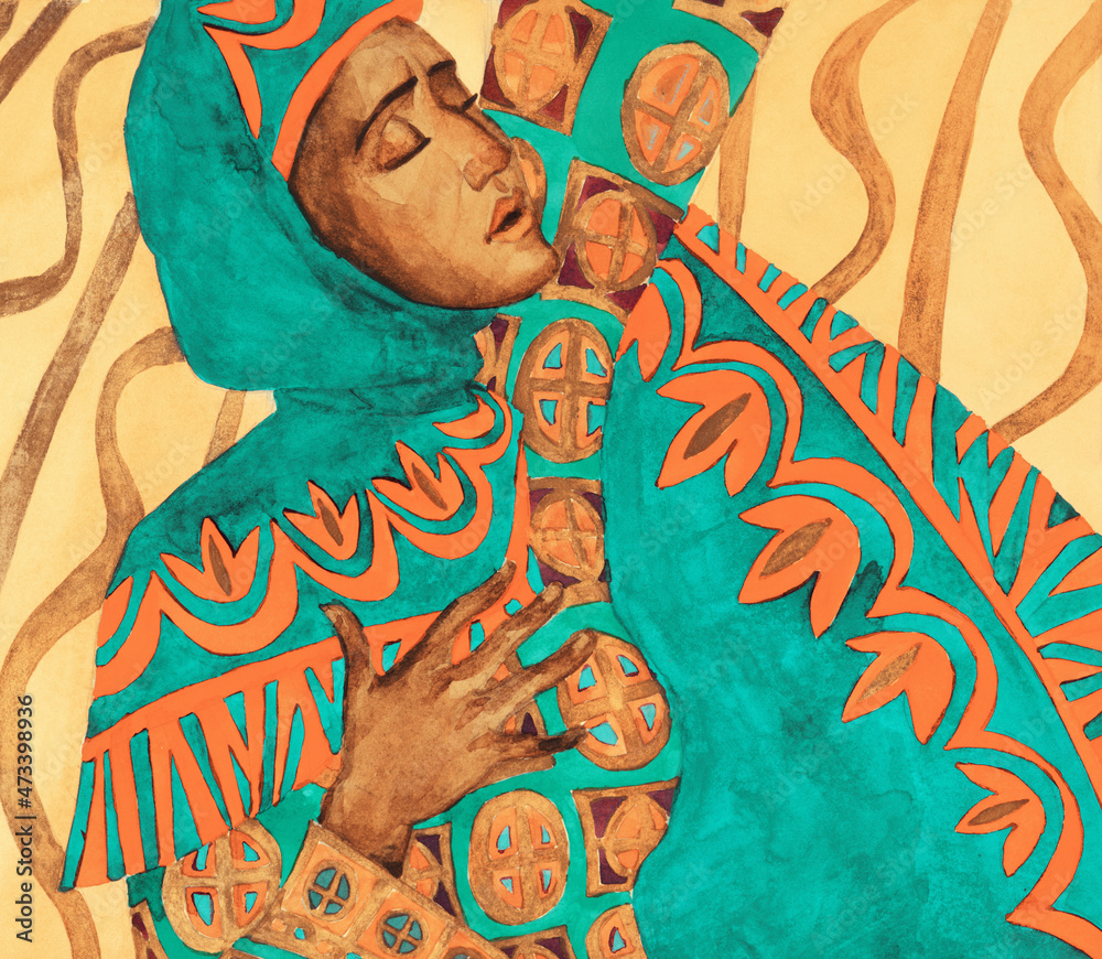 Watercolor drawing of praying woman in ancient clothes Stock ...