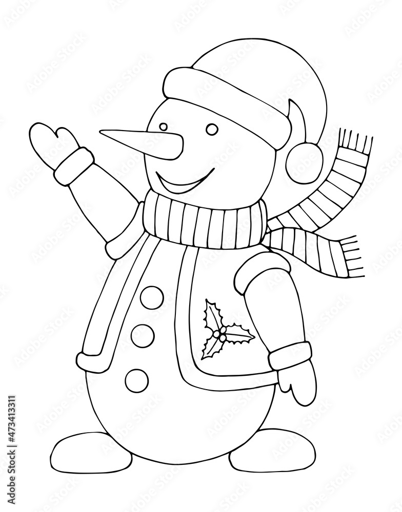 Winter coloring page with a snowman in warm clothes, vest, hat, scarf ...