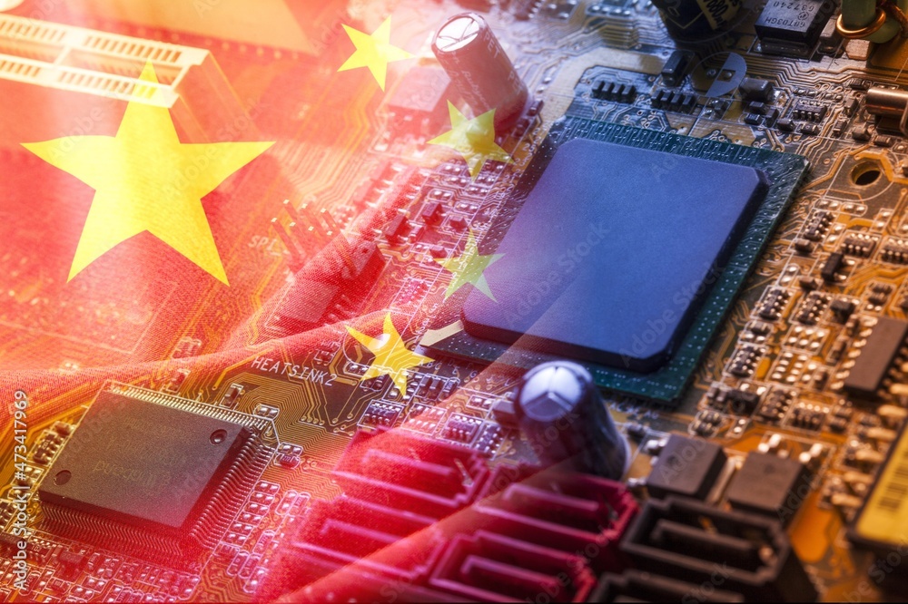 Microelectronics in China. Production of computer boards. China flag ...