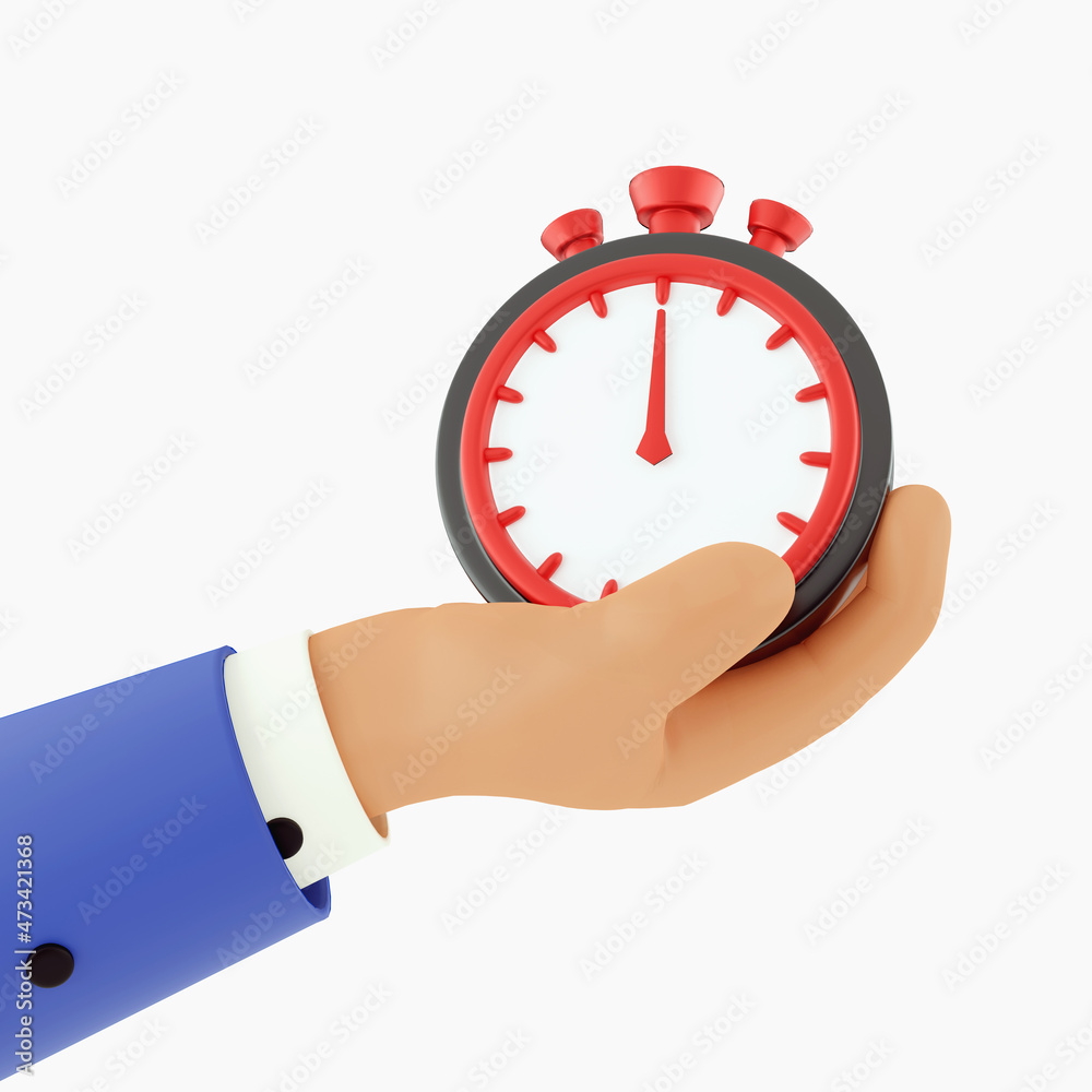 3d render Cartoon hand holding a timer on an isolated background. 3d ...