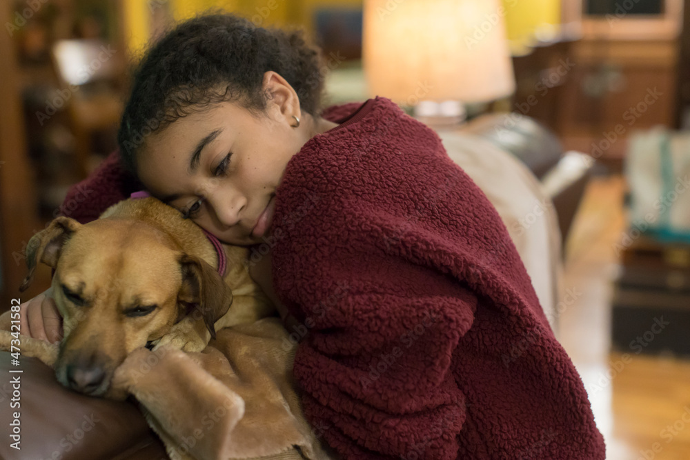 Biracial eleven year-old girl embracing a small brown dog Stock Photo ...