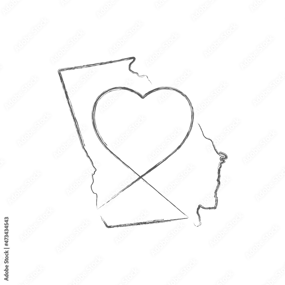 Georgia US state hand drawn pencil sketch outline map with heart shape ...