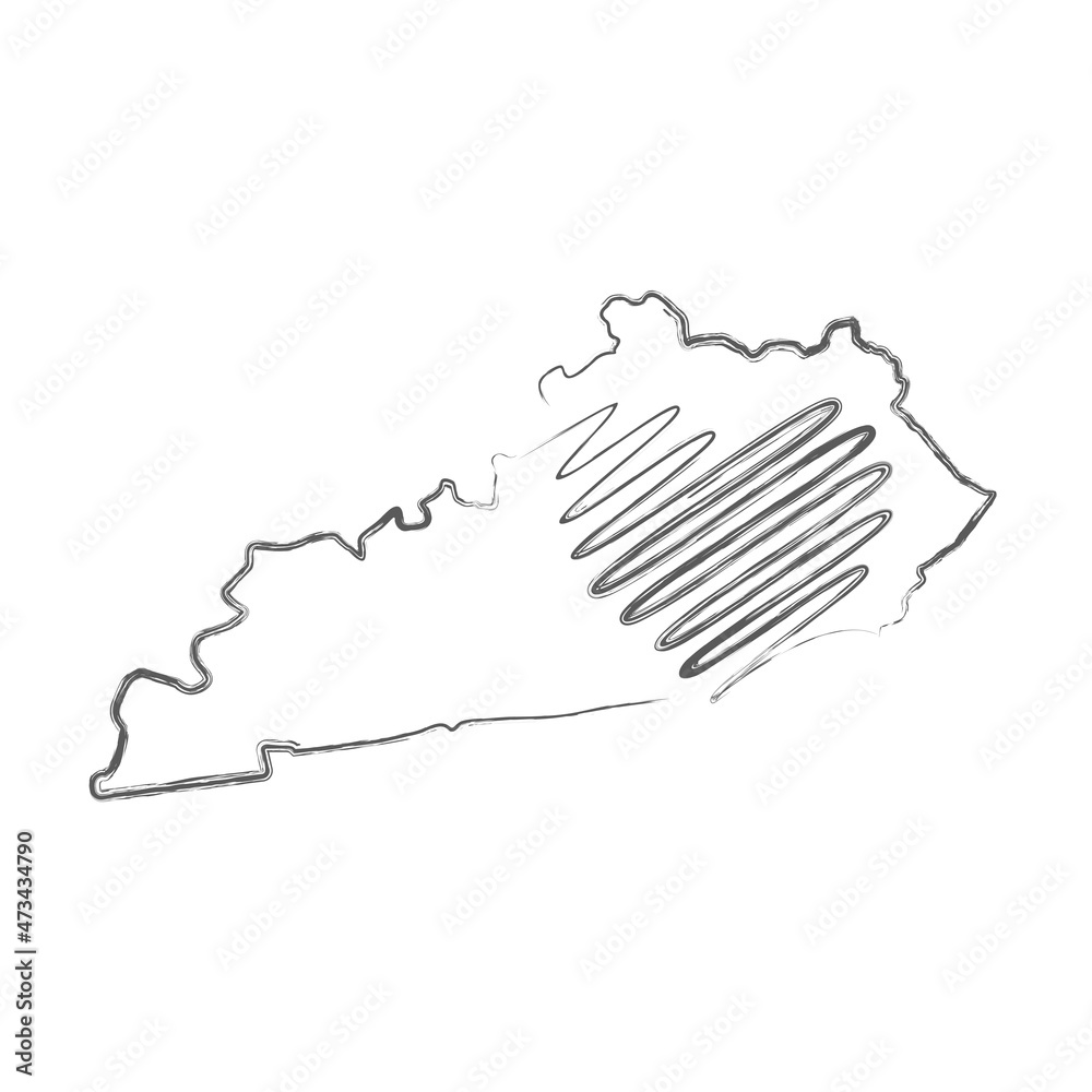 Kentucky US state hand drawn pencil sketch outline map with heart shape ...