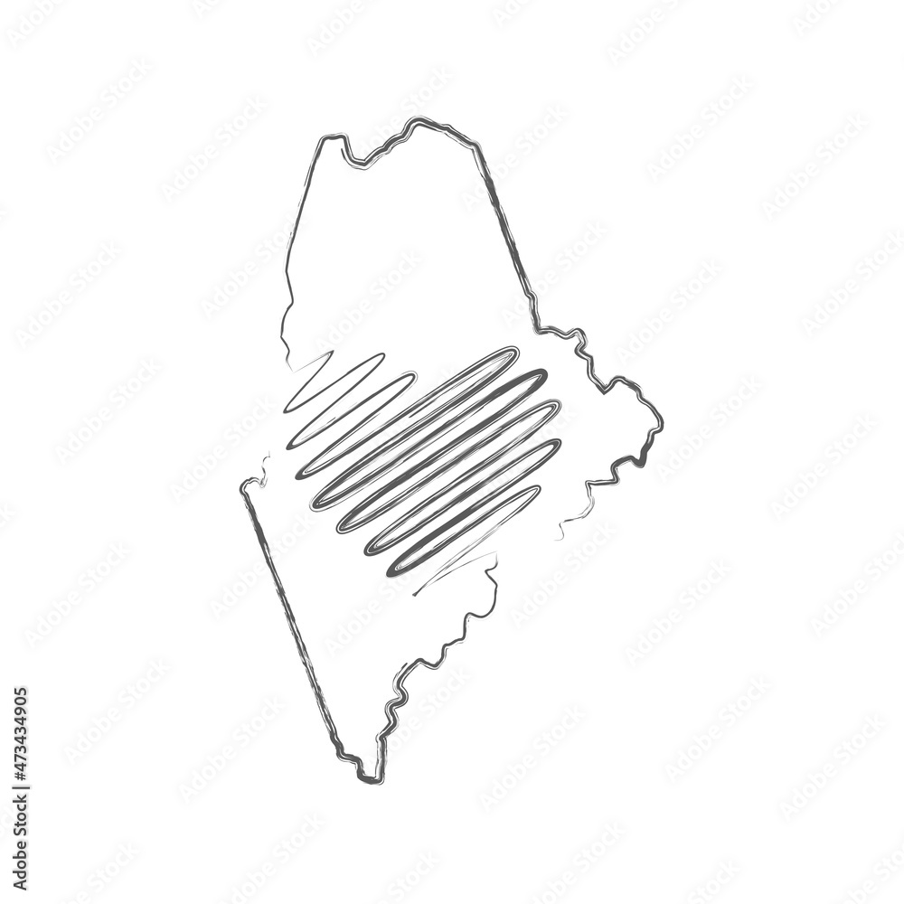 Maine US state hand drawn pencil sketch outline map with heart shape ...