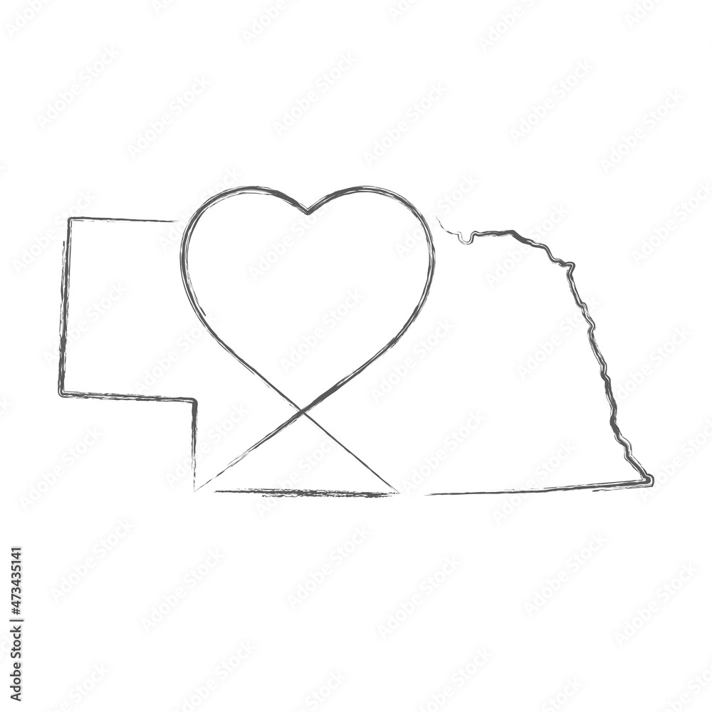 Nebraska US state hand drawn pencil sketch outline map with heart shape ...