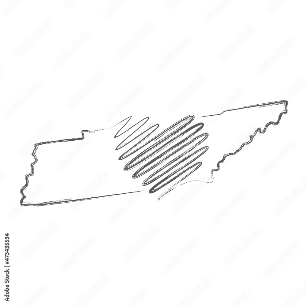 Tennessee US state hand drawn pencil sketch outline map with heart ...