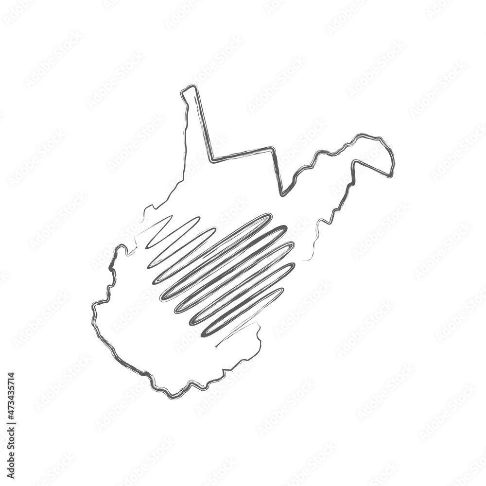 West Virginia US state hand drawn pencil sketch outline map with heart ...