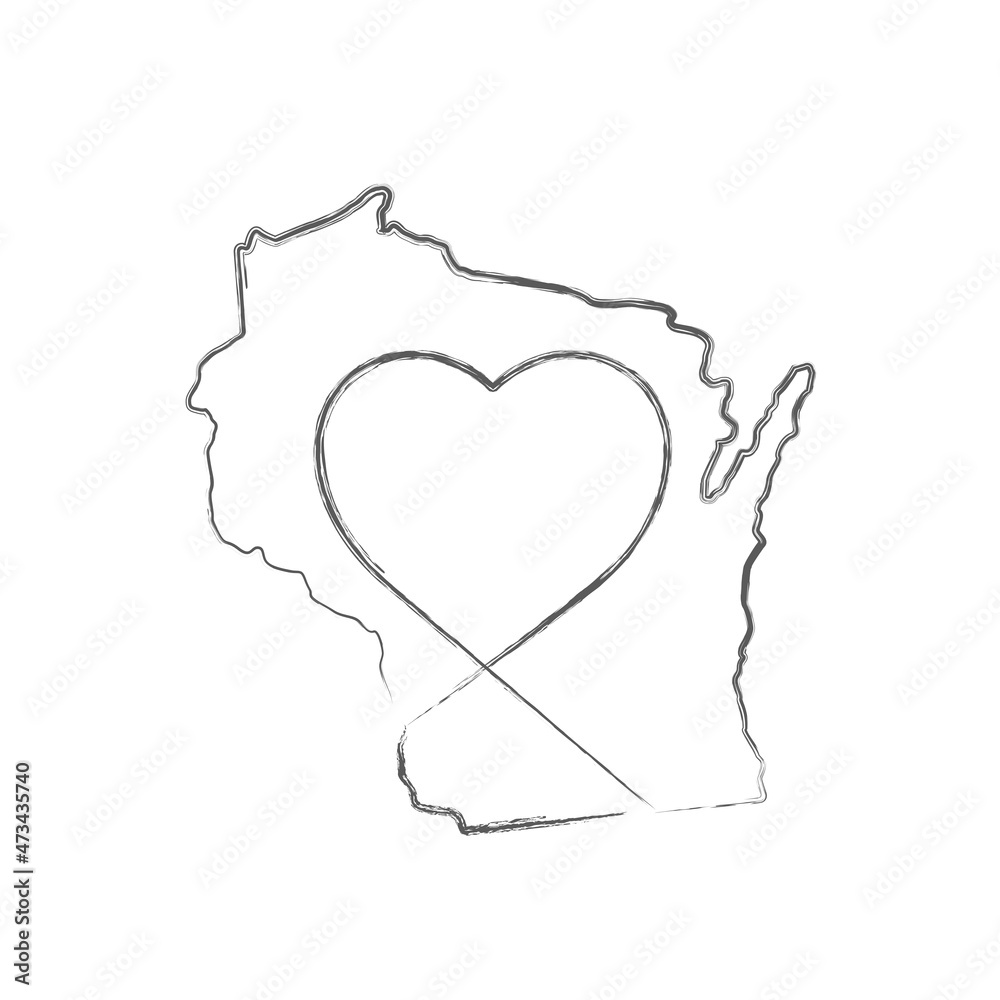 Wisconsin US state hand drawn pencil sketch outline map with heart ...