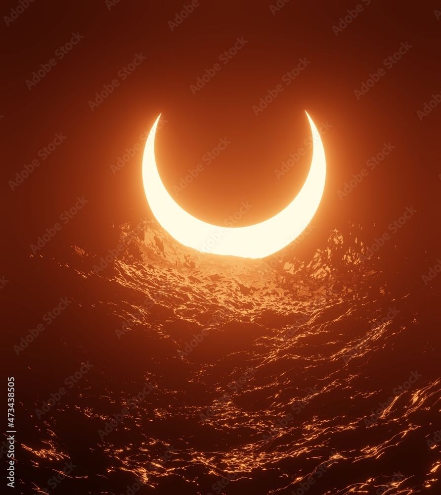 Fluorescent half moon orange circle reflected on water at night .Circle ...
