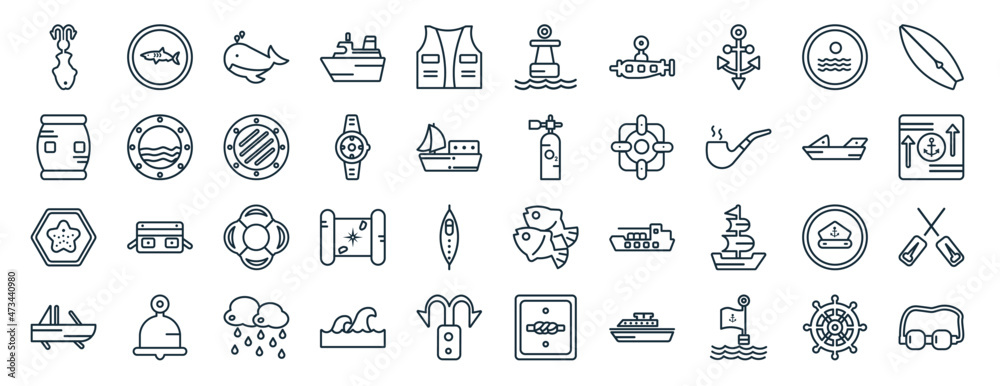 set of 40 flat nautical web icons in line style such as shark, big ...