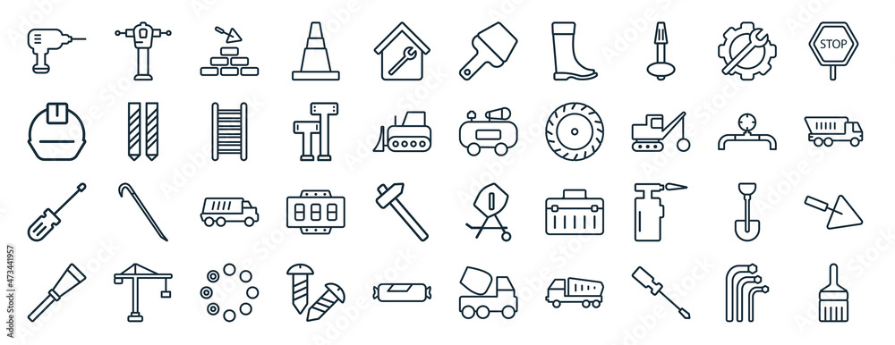set of 40 flat construction web icons in line style such as rammer ...