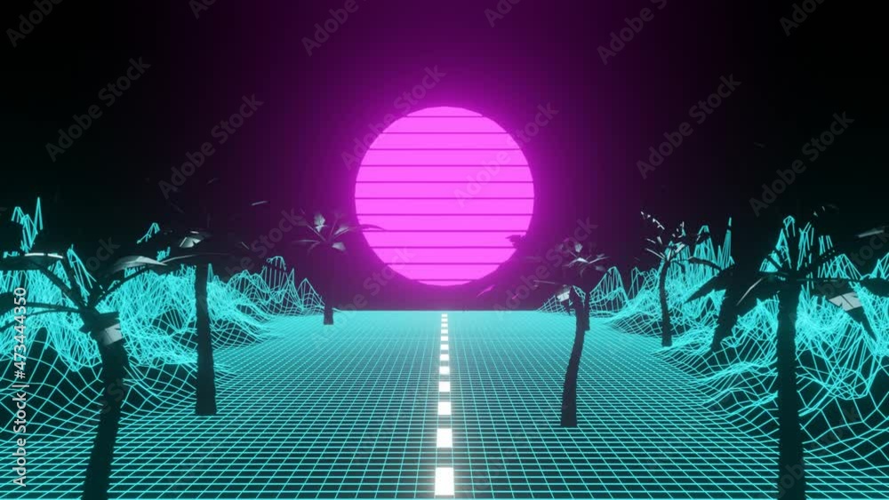 3d animation of the 1980s style. 4k video of 80s Retro wave seamless ...