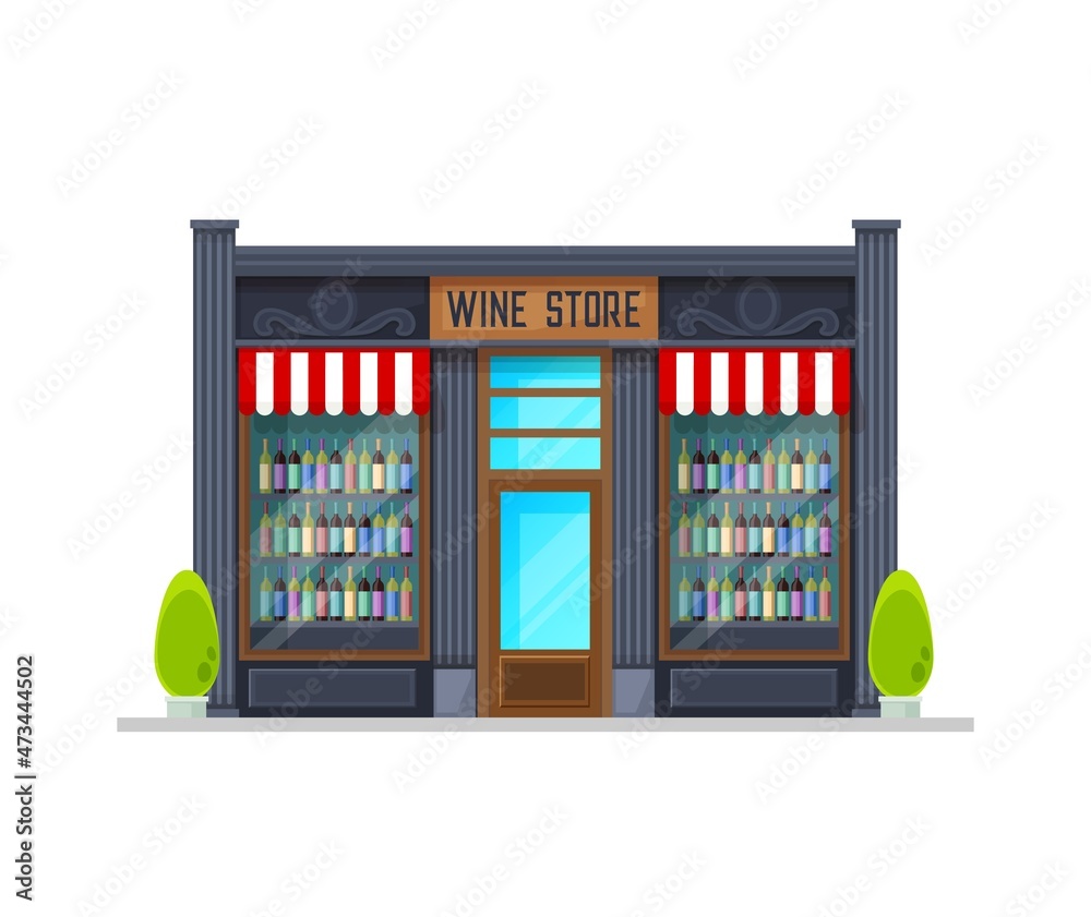 Wine store building, vector store front with alcohol bottles on shelves ...