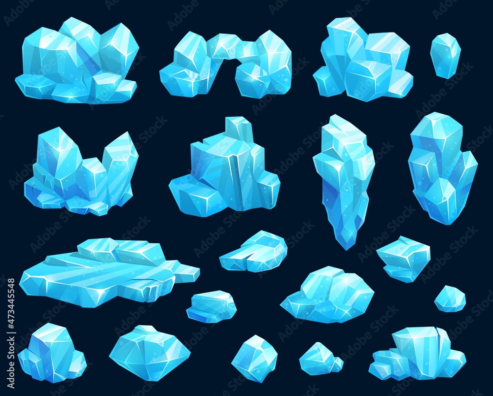 Cartoon frozen ice crystals and icicles, vector snow blocks and ...