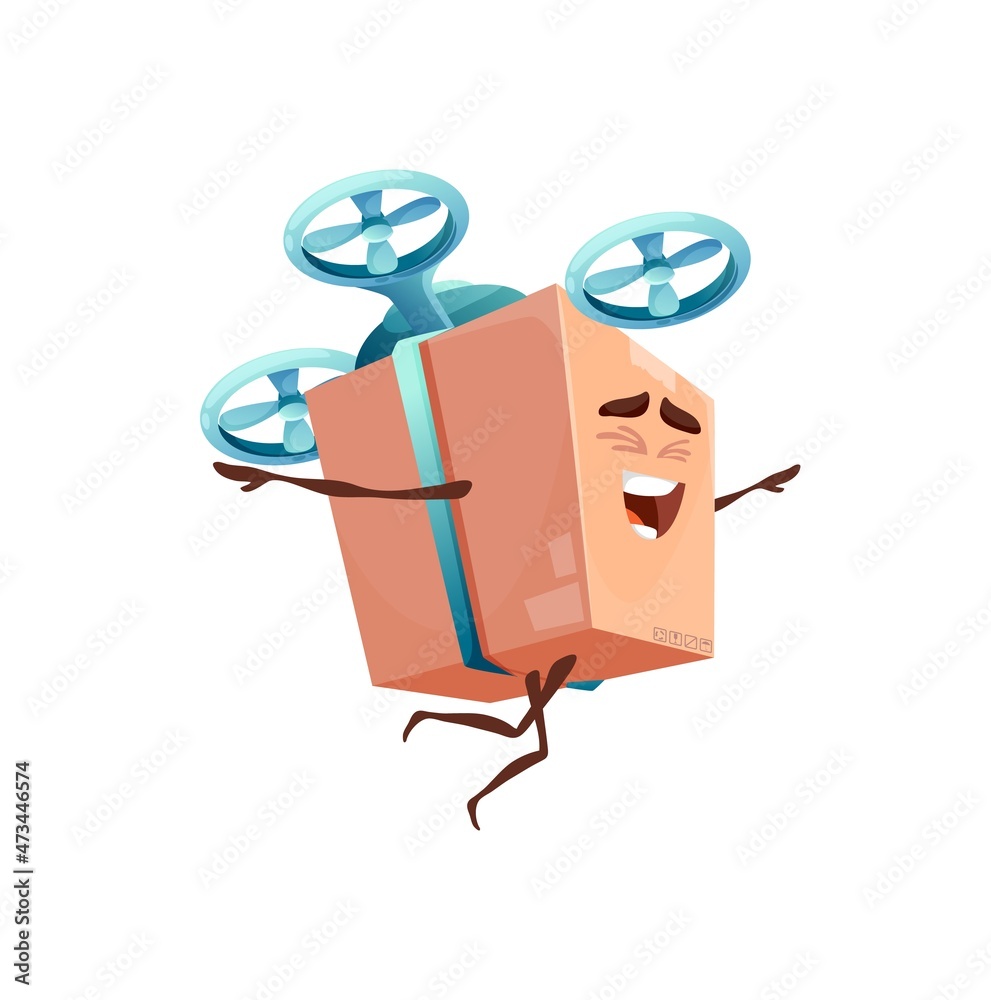 Cartoon cardboard box package delivering by copter. Vector drone with ...
