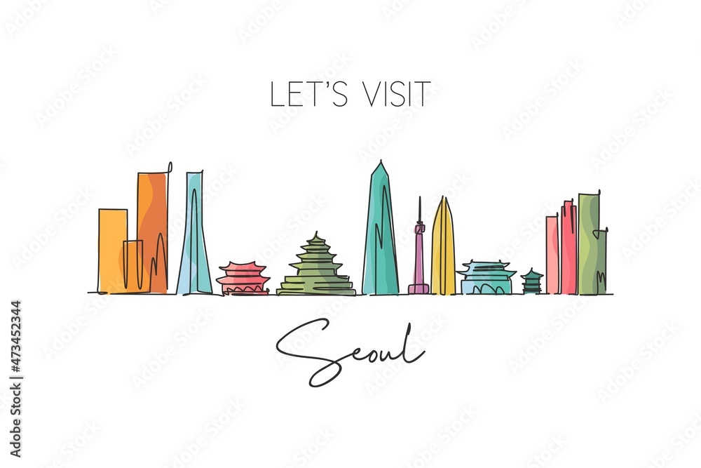 Single continuous line drawing Seoul skyline, South Korea. Famous city ...