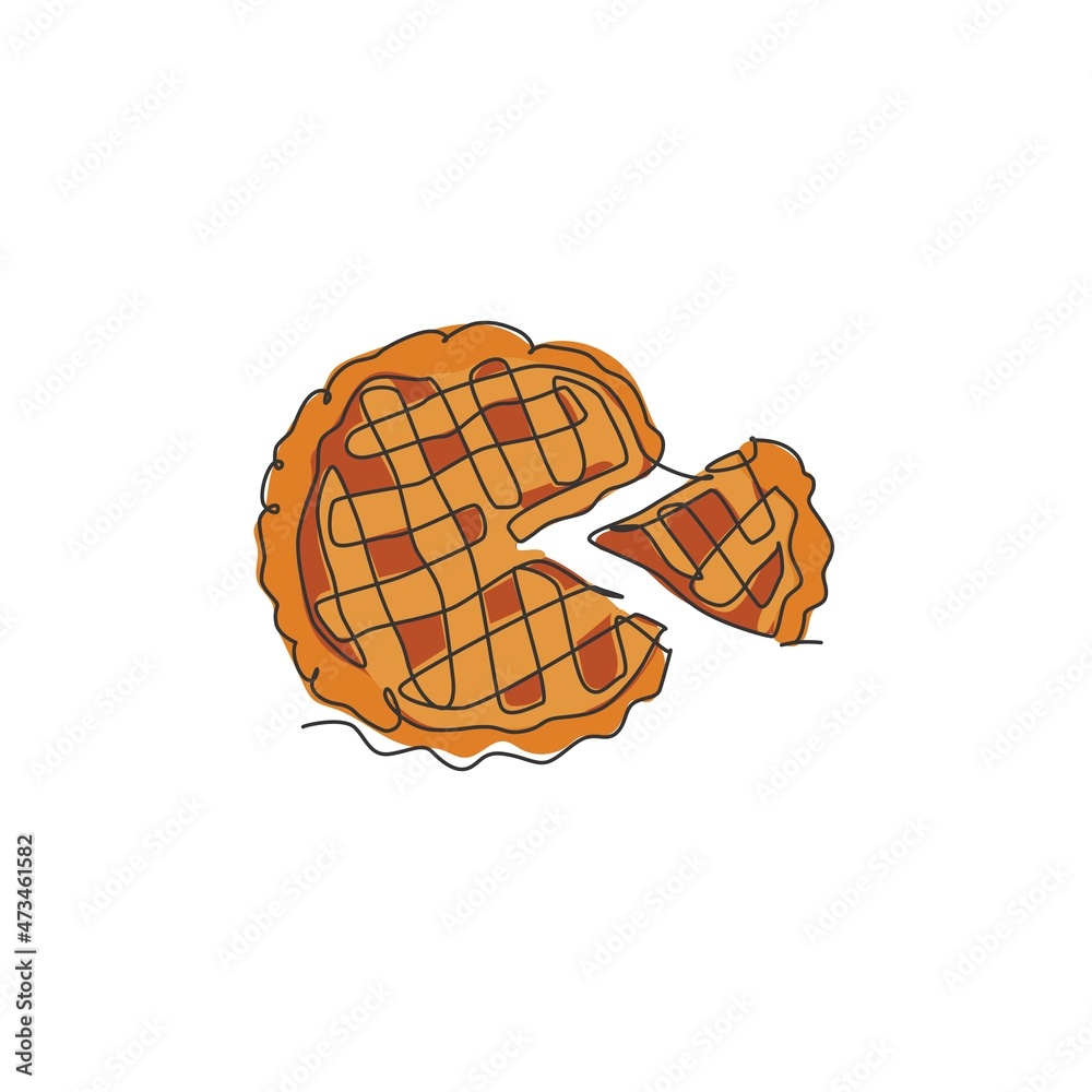 One continuous line drawing of fresh delicious American apple pie for ...