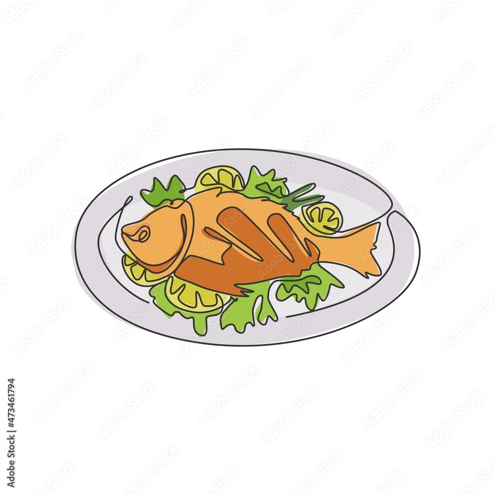One continuous line drawing fresh delicious baked sea fish on plate ...