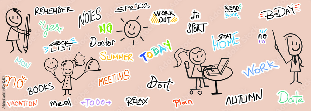 Stick figure people, working life, daily life. Freehand drawing. Vector ...