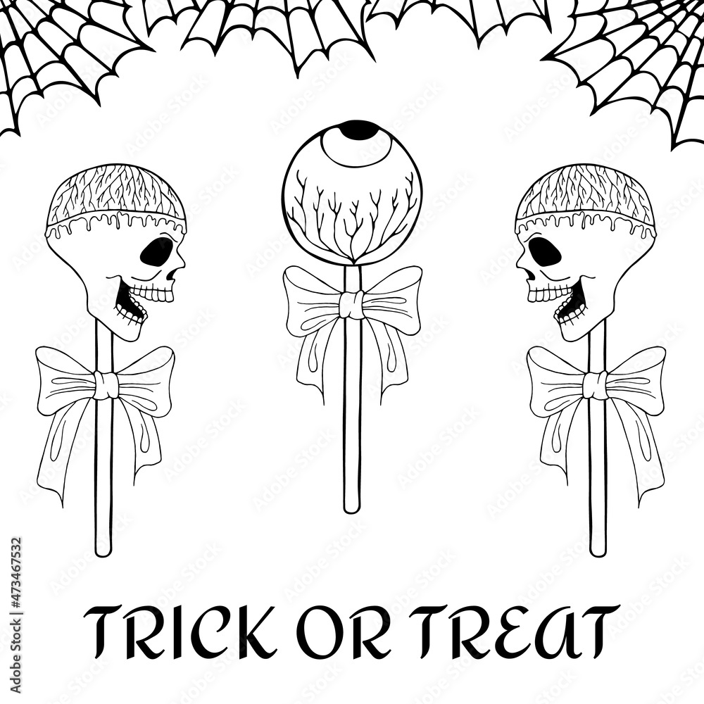 Trick or treat. Happy halloween. Eye with capillaries, a scary skull ...