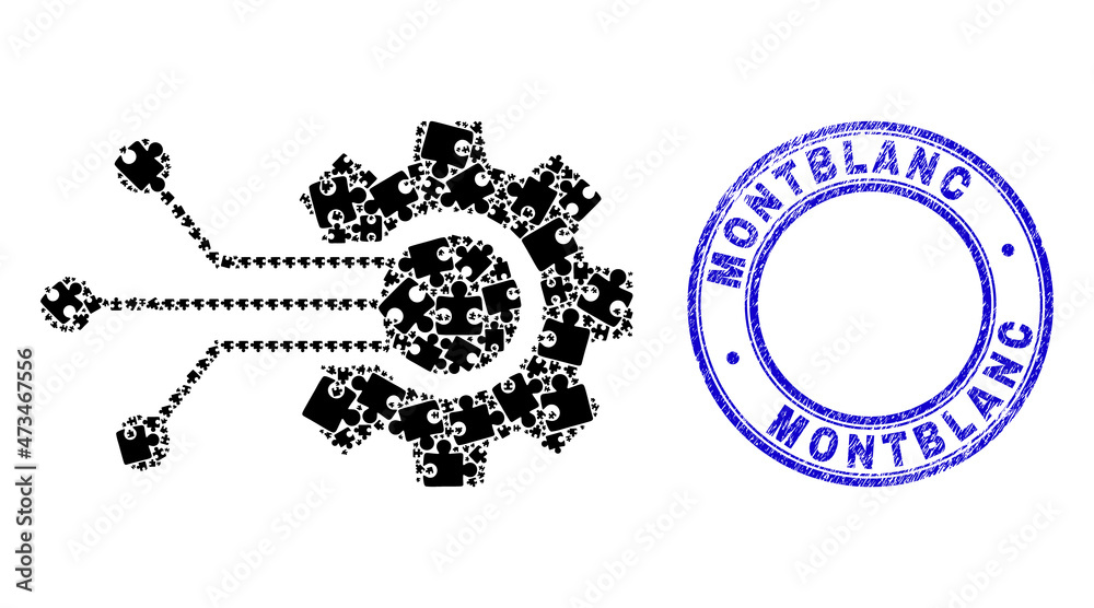 Puzzle smart cog connections mosaic icon with Montblanc seal. Blue ...