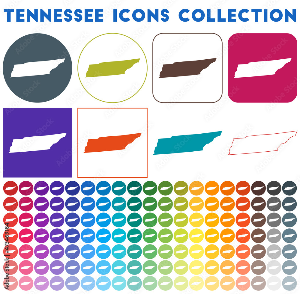 Tennessee icons collection. Bright colourful trendy map icons. Modern ...