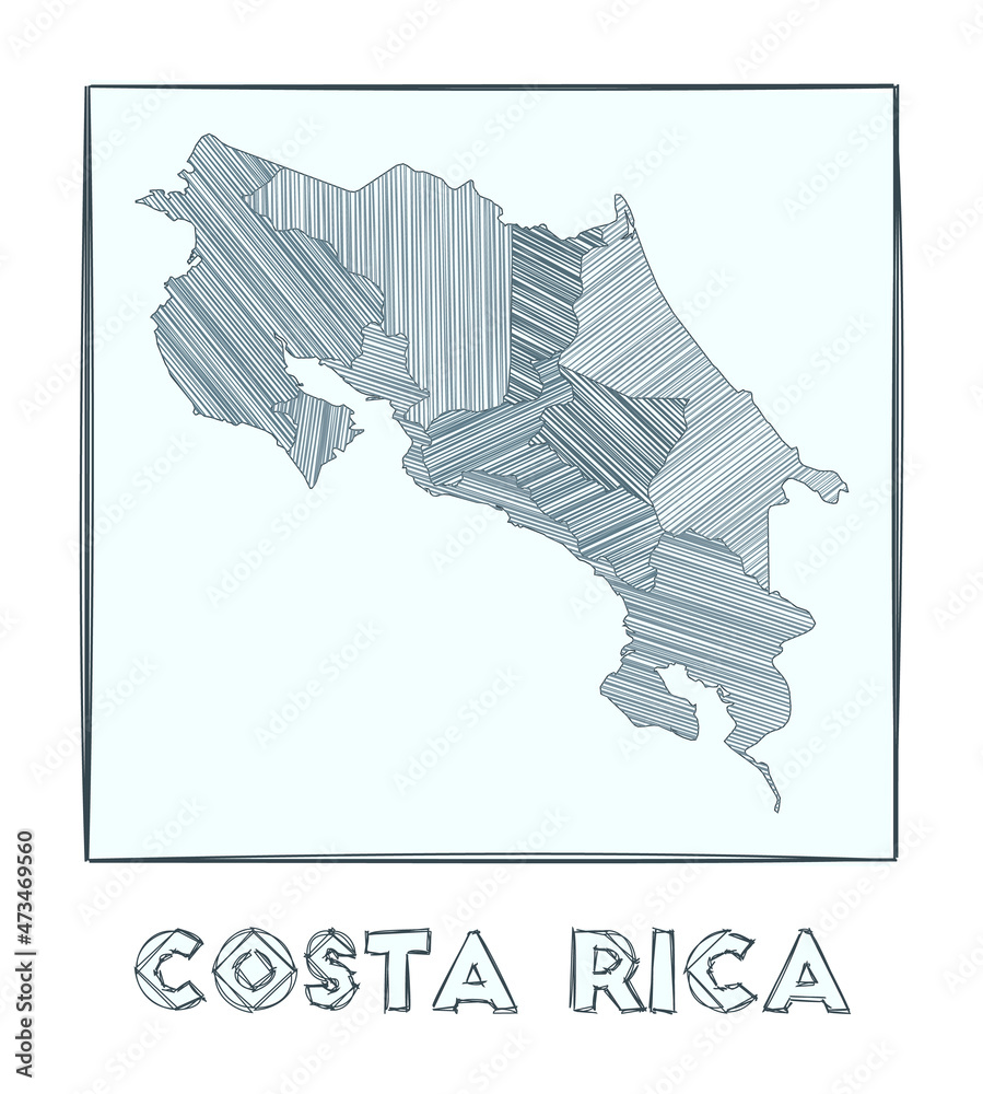 Sketch map of Costa Rica. Grayscale hand drawn map of the country ...