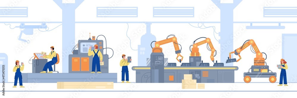 Robotic line with robot arms and conveyor belt flat vector illustration ...