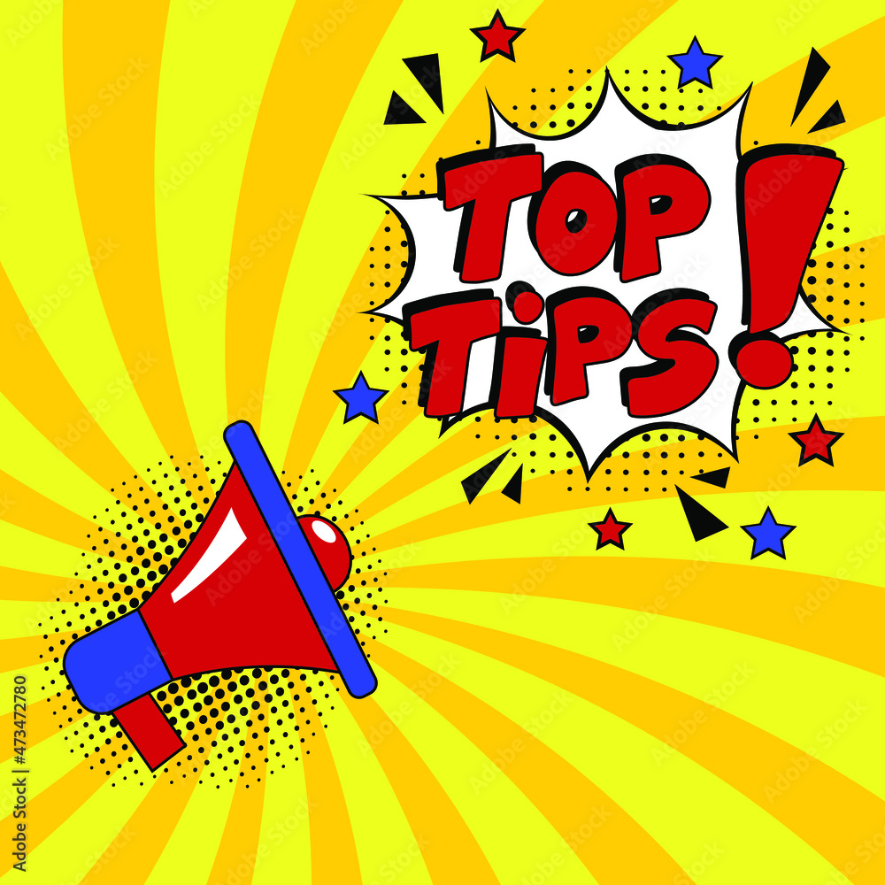 Top tips. Comic book explosion with text - Top tips. Vector bright ...