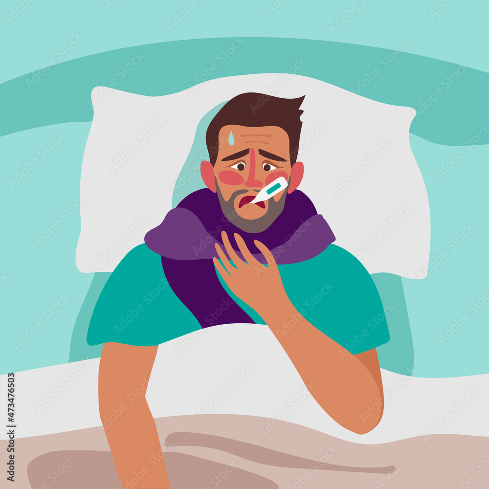 Vector illustration of the sick man laying in bed with a fever. Sick ...