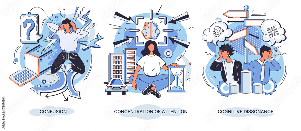 Attention concentration, cognitive dissonance, confusion color icon ...