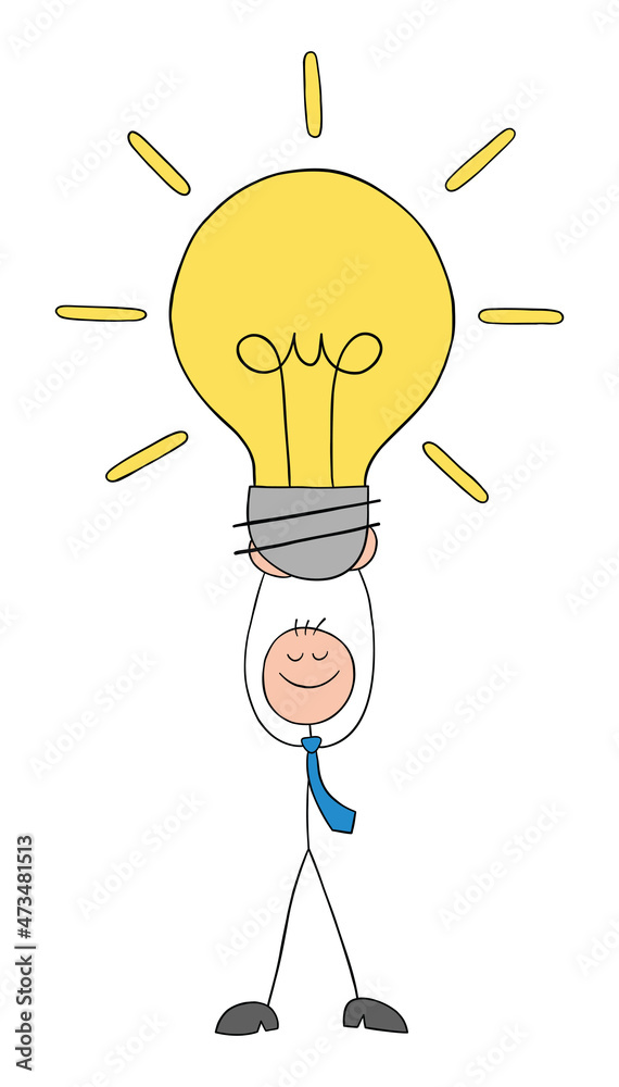Stickman businessman lifts the light bulb up and is happy, hand drawn ...