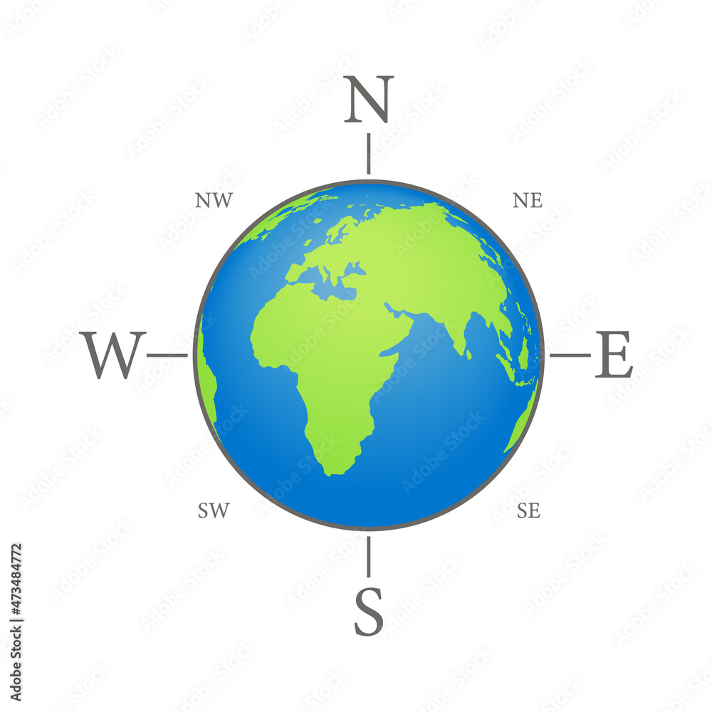 Compass on world map. Nautical compass with globe for travel and ...