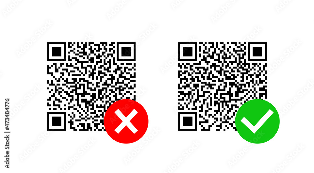 QR code with check and cross. Icon of barcode for sanitary control and ...