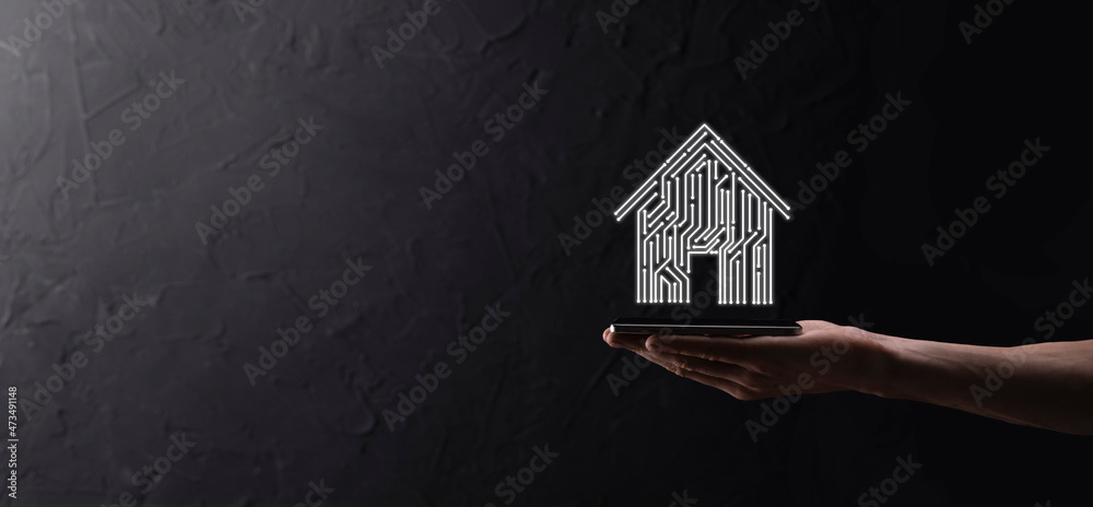 Hand hold house icon.Smart home controlled, intelligent house, and home ...
