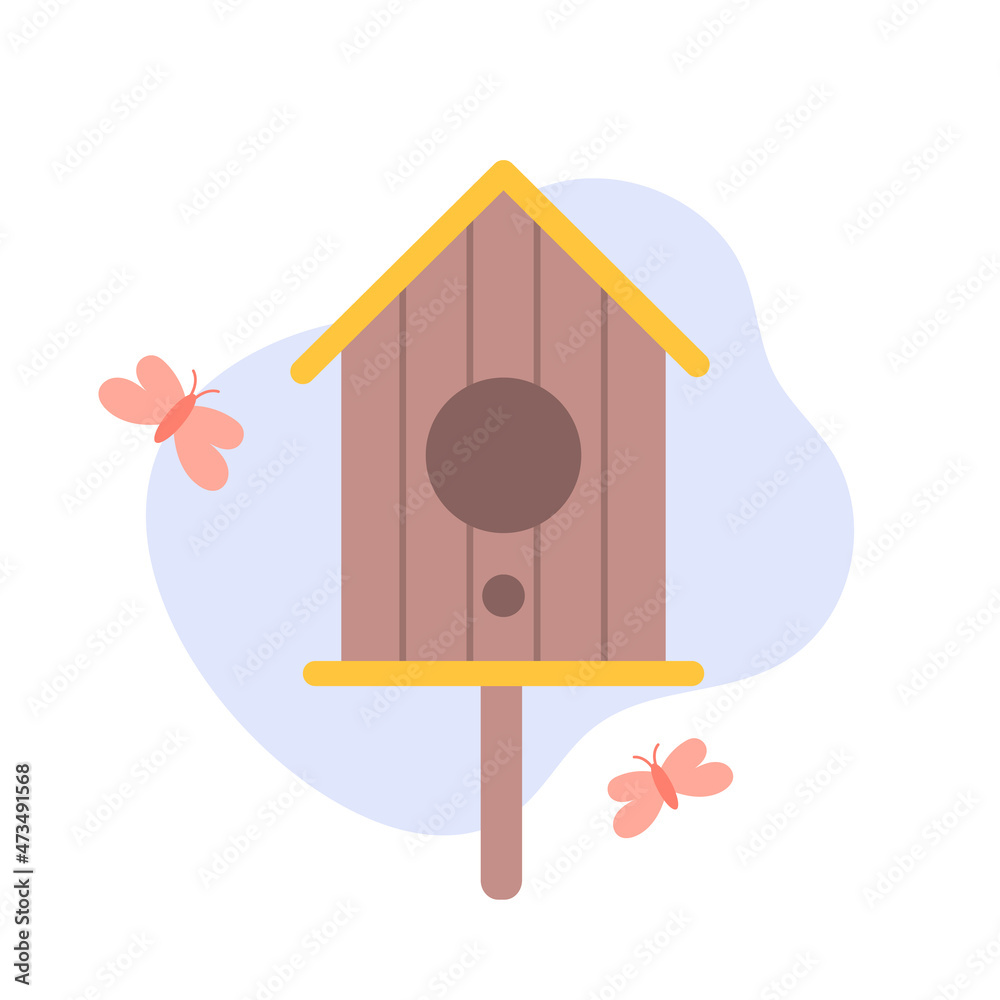 Wooden birdhouse with yellow roof, nesting box or bird feeder icon ...