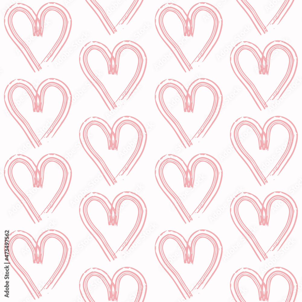 Hand Drawn Pink Hearts Seamless Pattern On White Background Simple