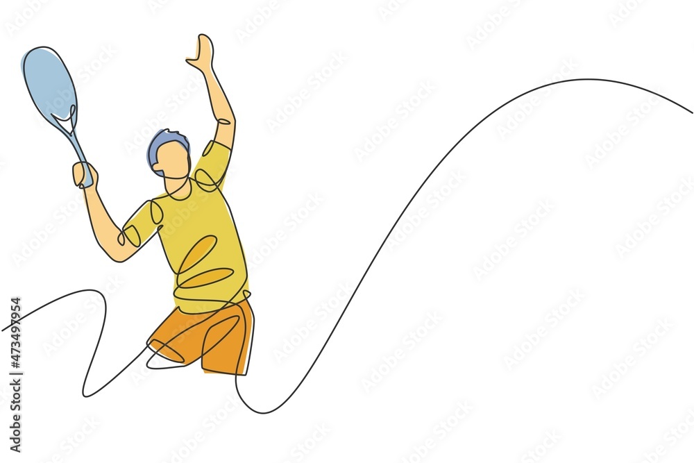 One continuous line drawing of young happy male tennis player serving ...