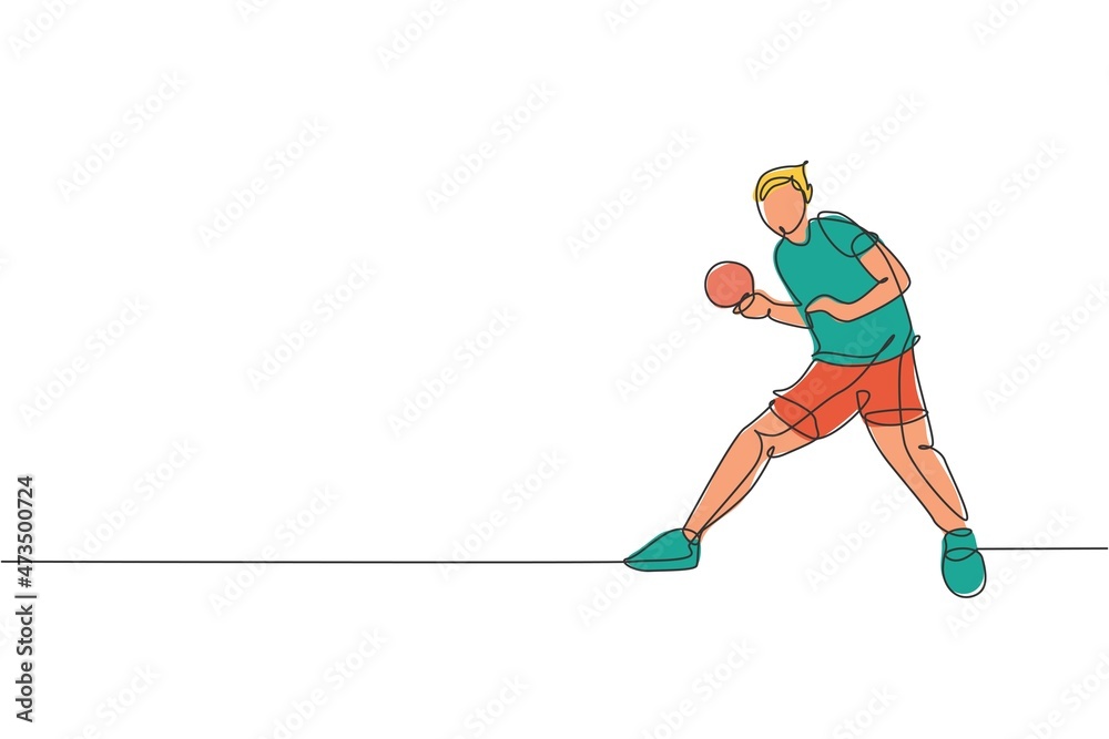 One single line drawing young energetic man table tennis player train ...