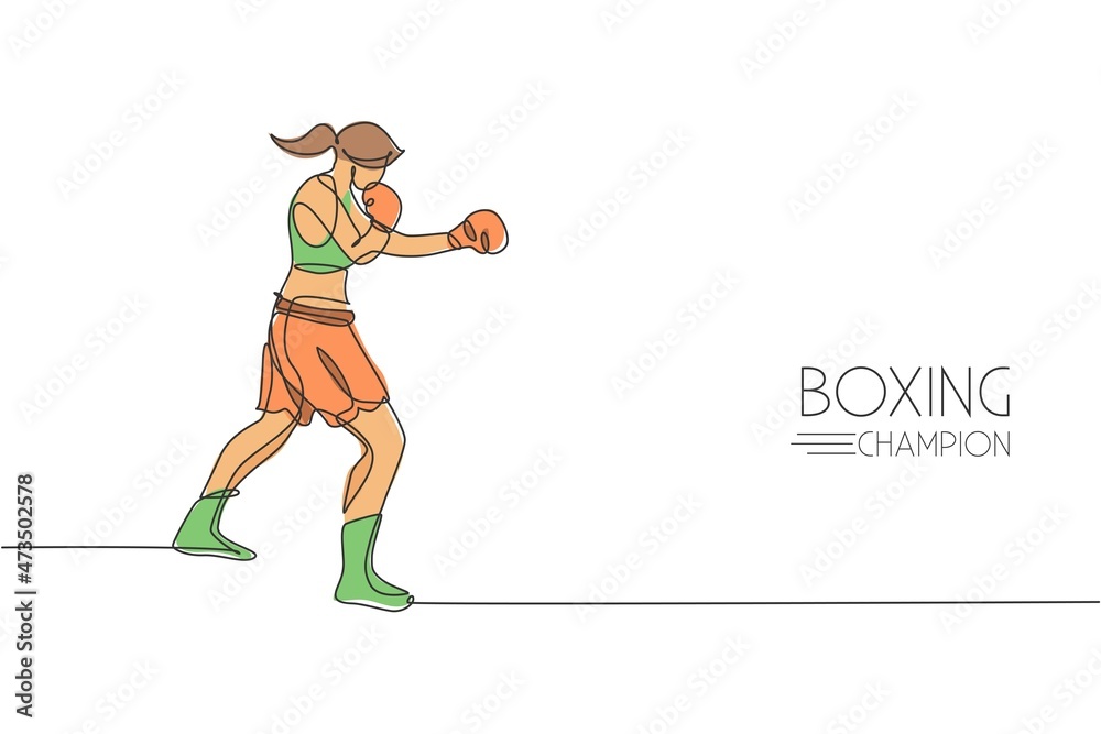 One single line drawing of young energetic woman boxer practicing punch ...